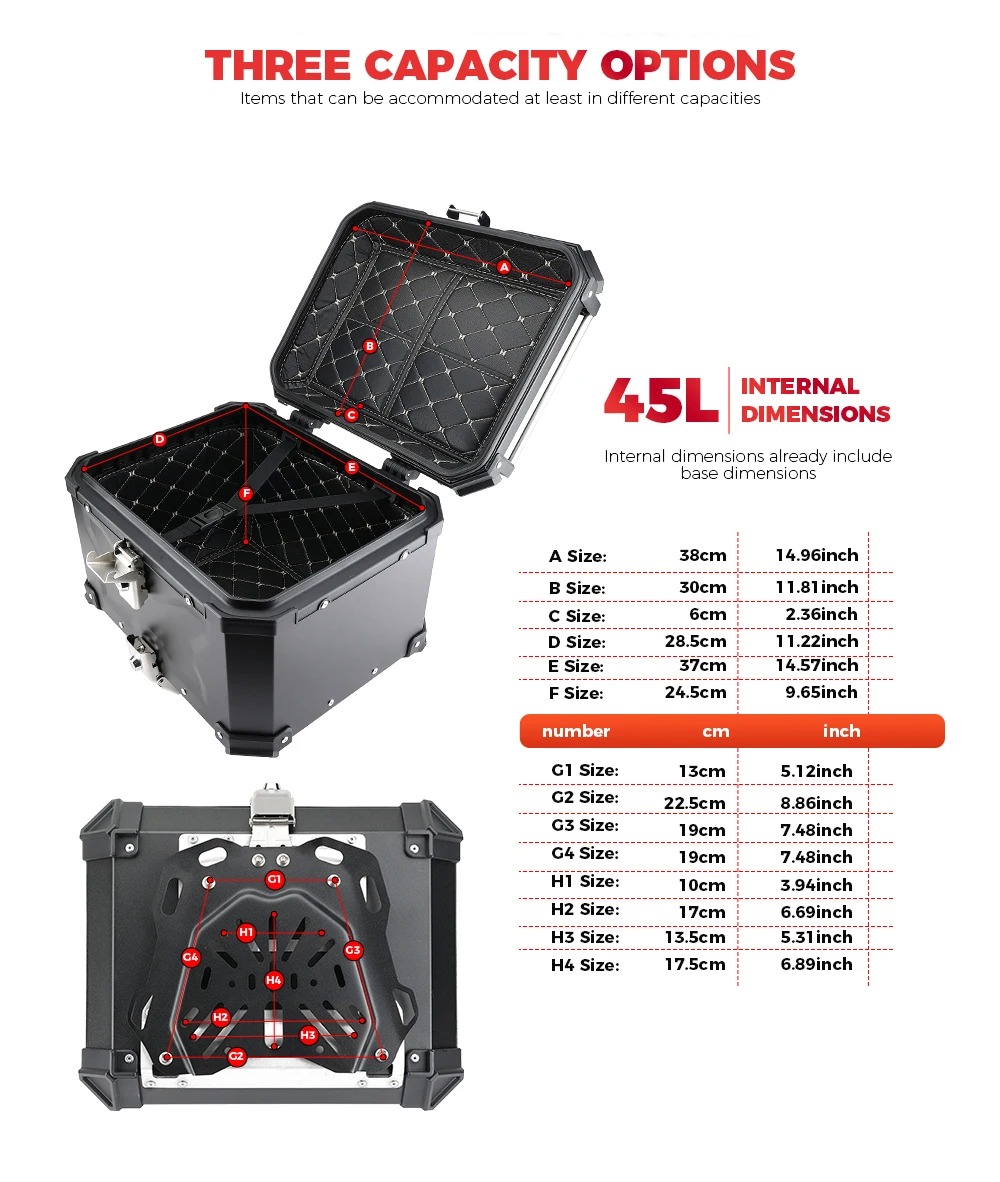 Aluminium top box 45/57/65L Motorcycle Box moto with Universal Base ...