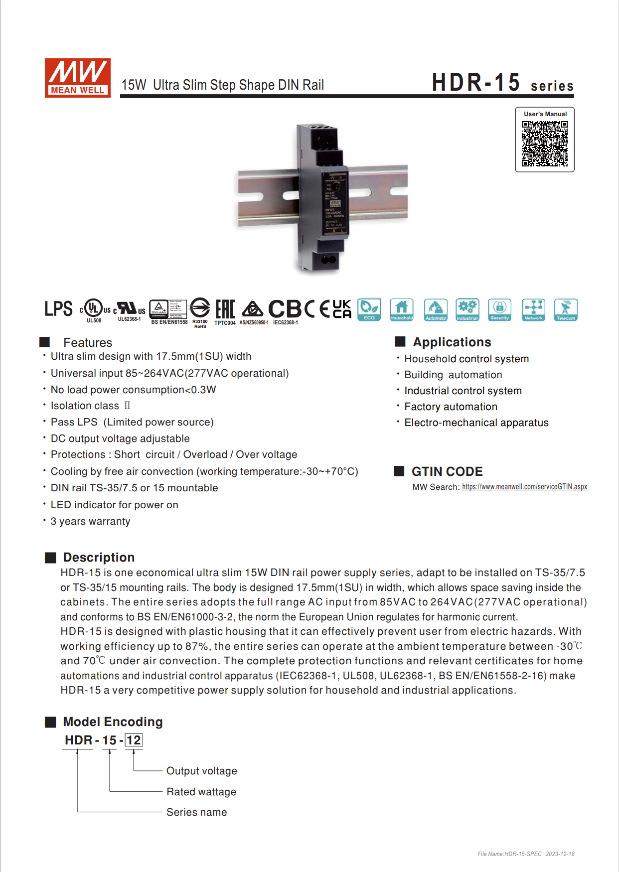 MEAN WELL HDR-15 HDR-30 HDR-60 HDR-100 HDR-150 DC12V DC24V Switching Power Supply Meanwell DC ...