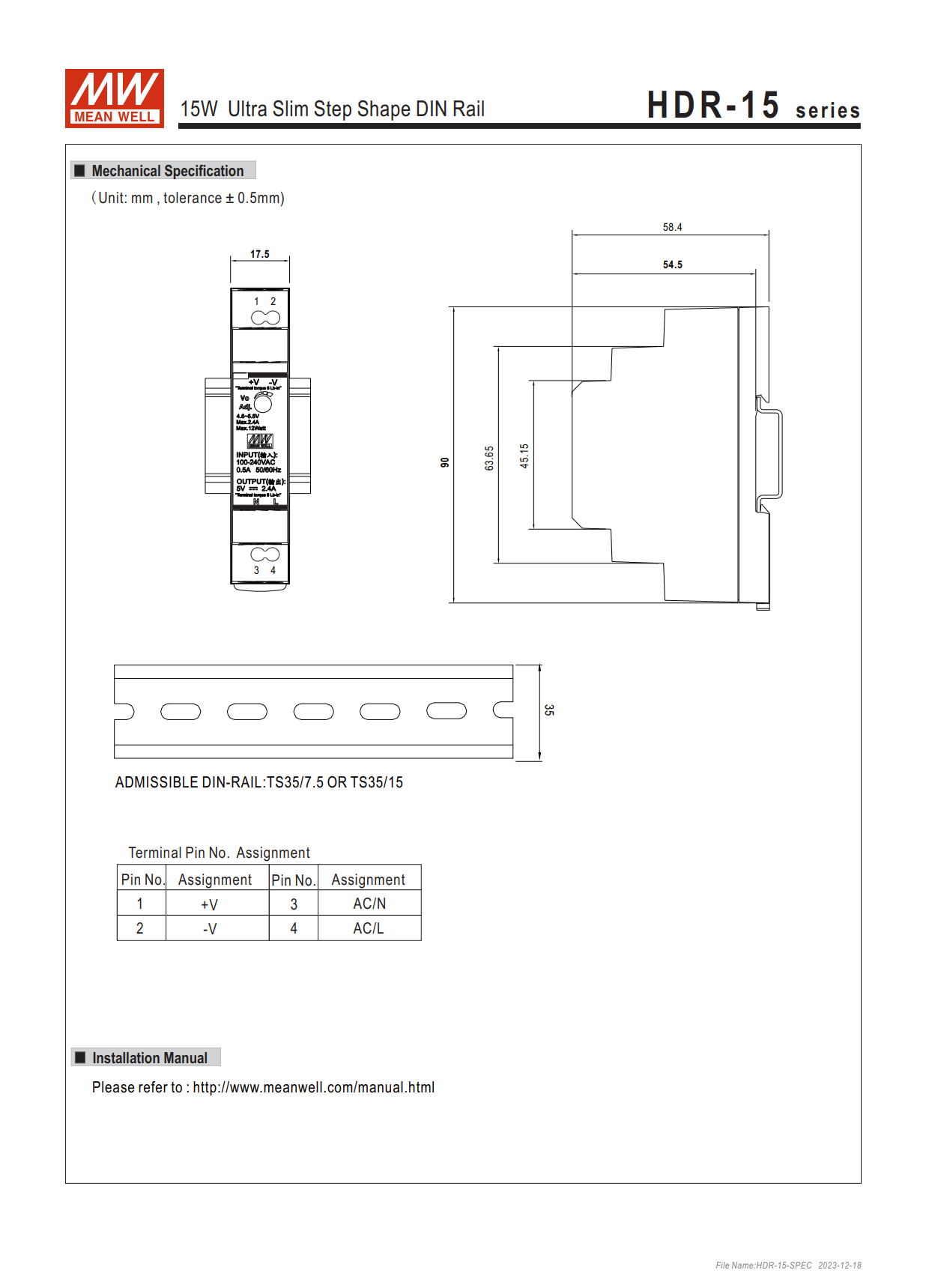 MEAN WELL HDR-15 HDR-30 HDR-60 HDR-100 HDR-150 DC12V DC24V Switching Power Supply Meanwell DC ...