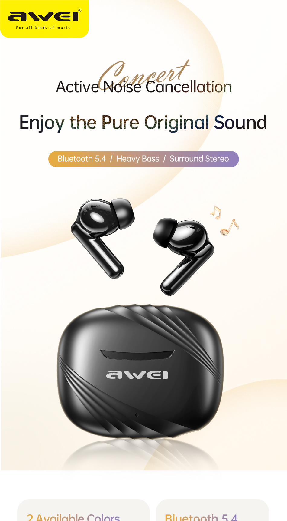 Awei TA6 Dual Bass ANC Earbud Bluetooth 5.4 True Wireless Active Noise ...
