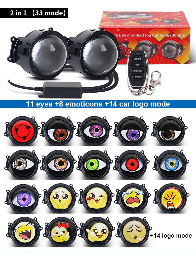 12V Remote Control 3D Eyes Dynamic Devil Eyes LED Car Lights 3 Inch ...