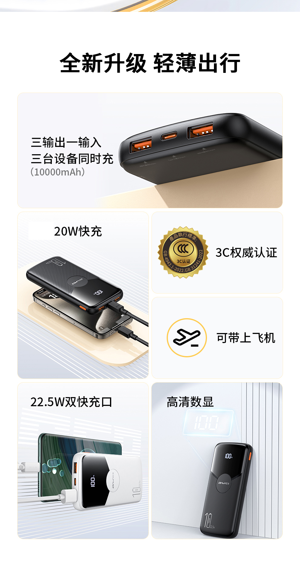 Awei P63K Powerbank 10000mah Fast Charging 20W Type C Port USB C Micro ...