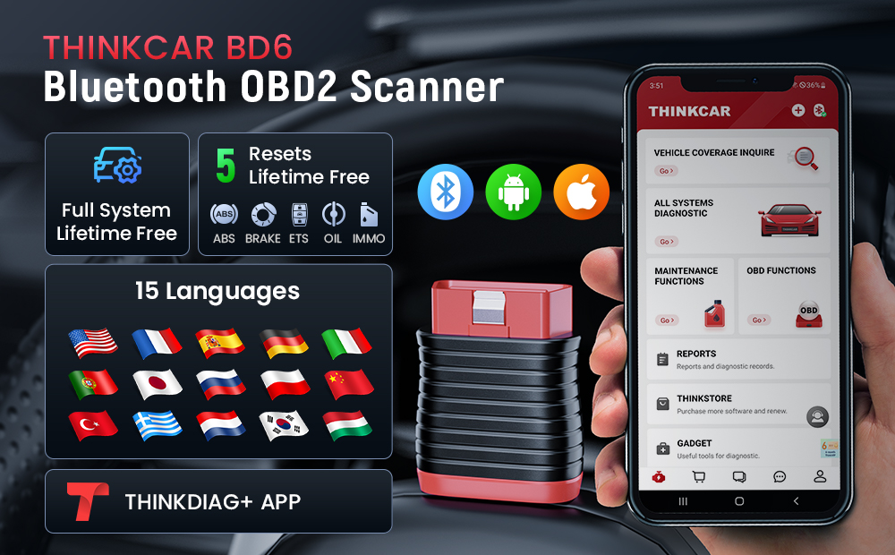 NEW THINKCAR BD6 Bluetooth Scanner Car Diagnostic Tool OBD2 Scanner ...