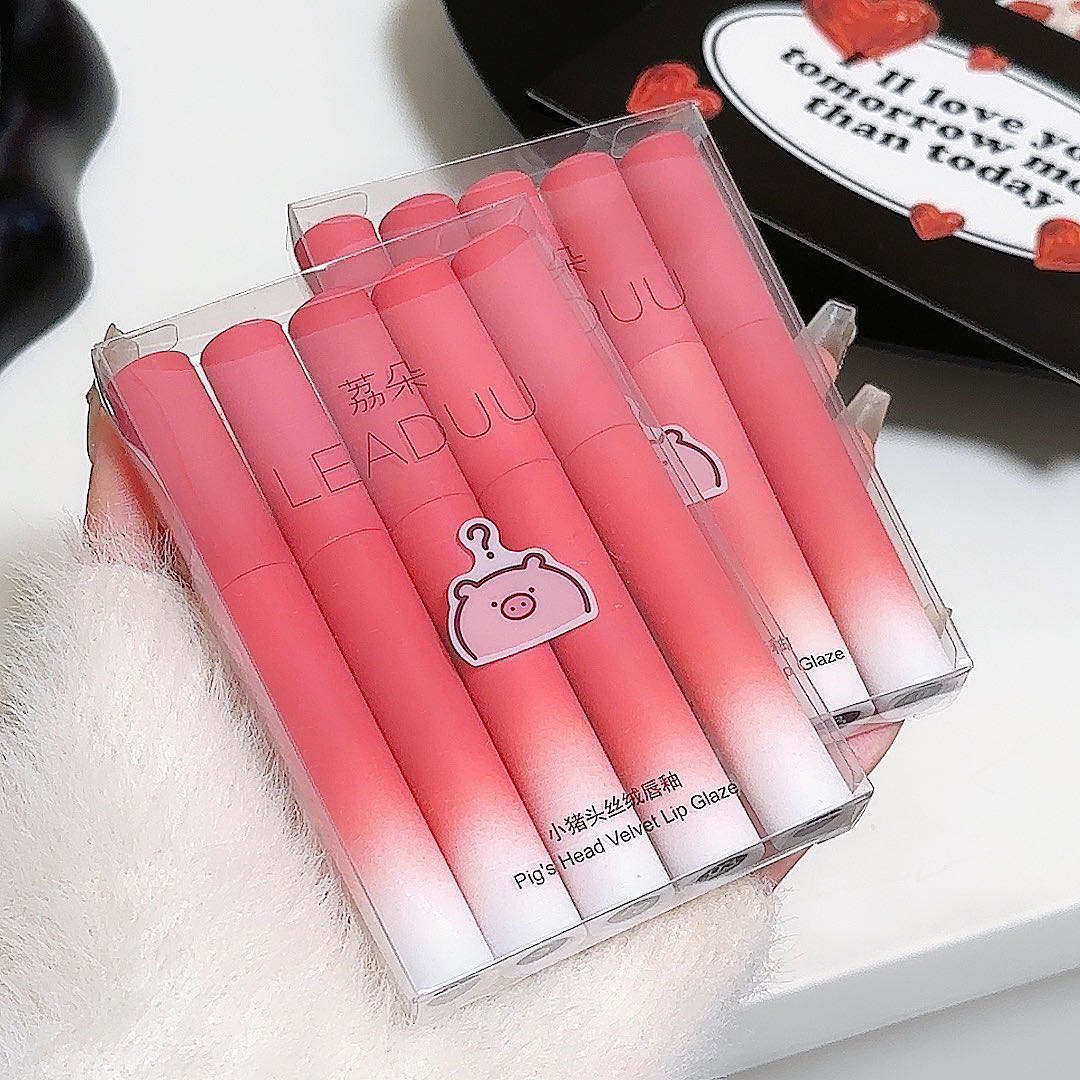 Newly upgraded set of 5 lip glazes —— Adorable pig head design, matte ...