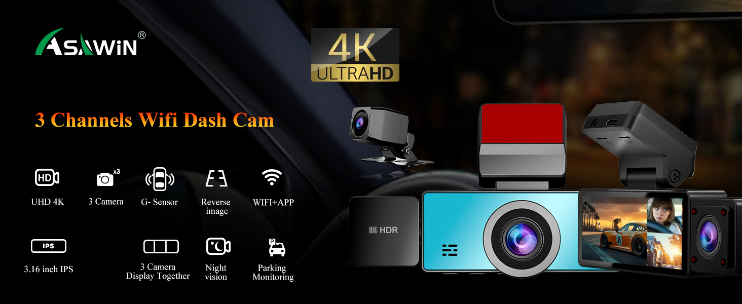 3 camera 4K Dash Cam wifi 3 Ways Car Video App control Asawin 3.16" Ips ...