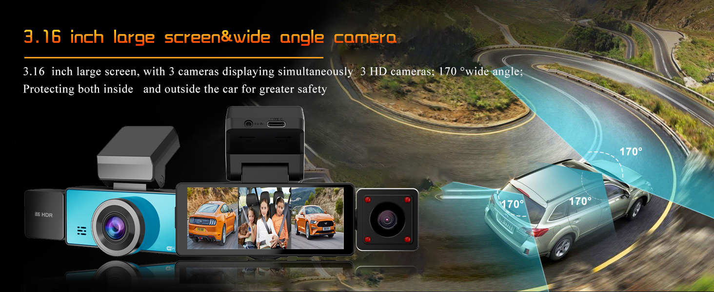 3 camera 4K Dash Cam wifi 3 Ways Car Video App control Asawin 3.16" Ips ...