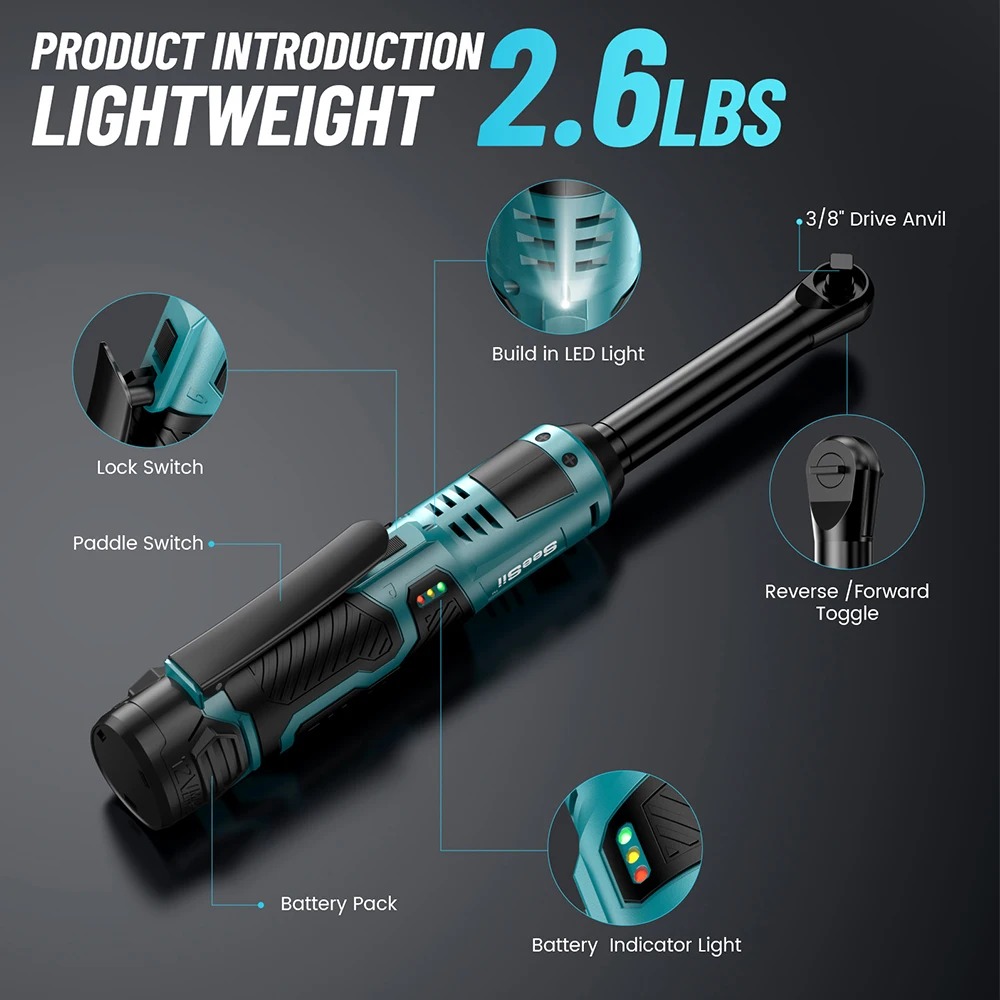 SEESII 3/8"Cordless Electric Wrench 55Nm 6" Extended Ratchet Wrench 12V ...