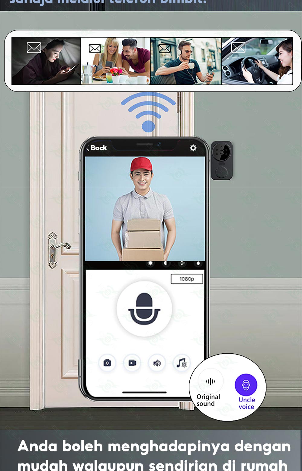 Kamera Pintu Bel Video WiFi Pintar dengan Chime, HD Pengesanan ...