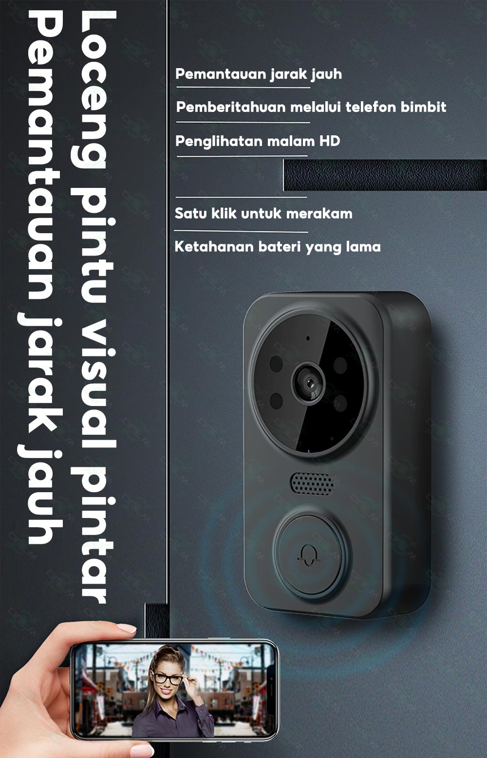 Kamera Pintu Bel Video WiFi Pintar dengan Chime, HD Pengesanan ...