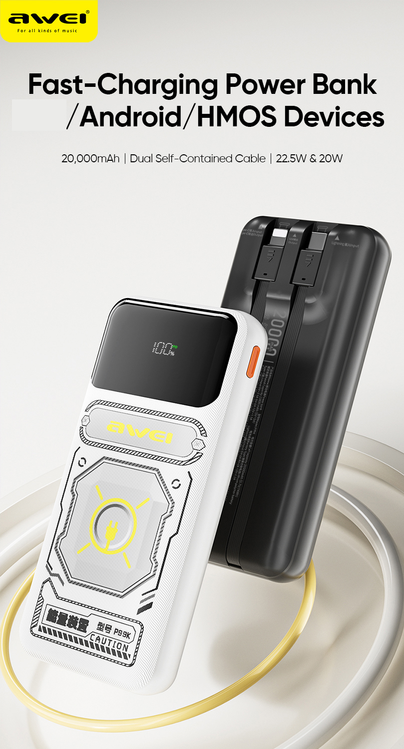 Awei P99K Powerbank 20000mah Fast Charging 22.5W Built In Dual-Cable ...