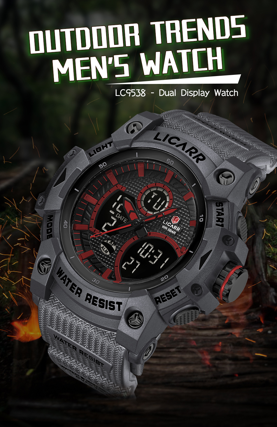LICARR Top Brand Watch Dual Display Original Waterproof Trendy Sport ...
