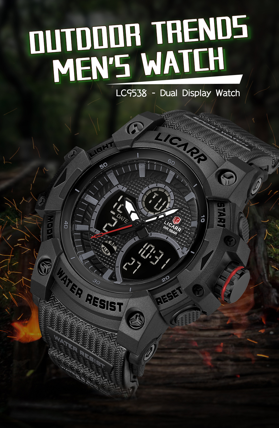 LICARR Men's Brand Watch Dual Display Original Waterproof Trend Sport ...