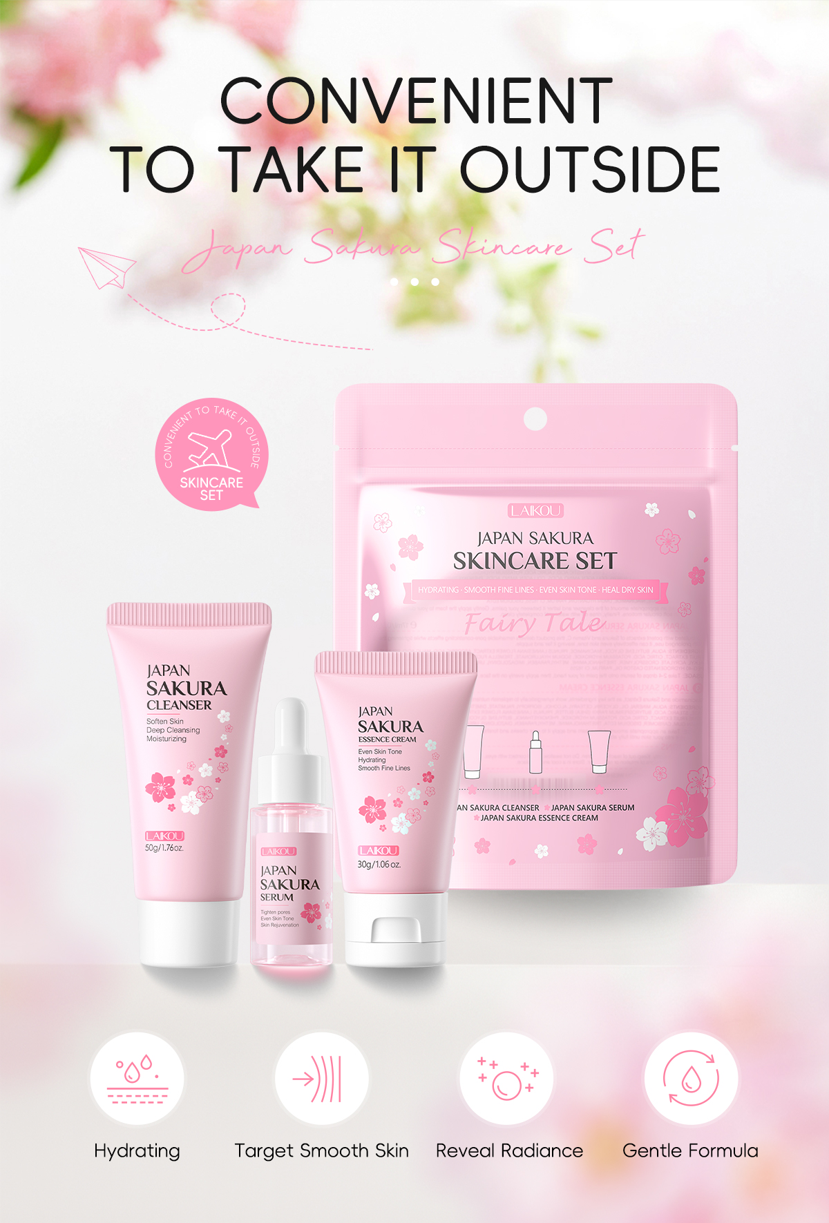 LAIKOU Sakura Skincare Set 3pcs/pack Cleanser Serum Facial Cream Skin ...