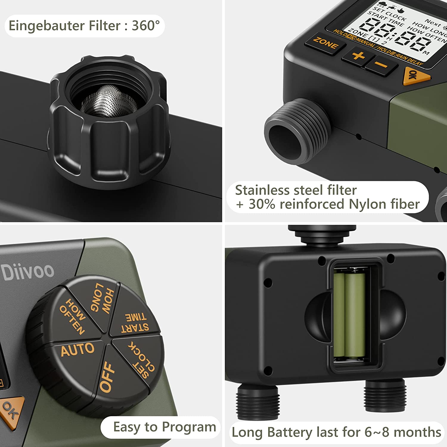 Diivoo 自动浇水灌溉器 Water Timer Automatic Plant Watering 2 Outlet Water ...