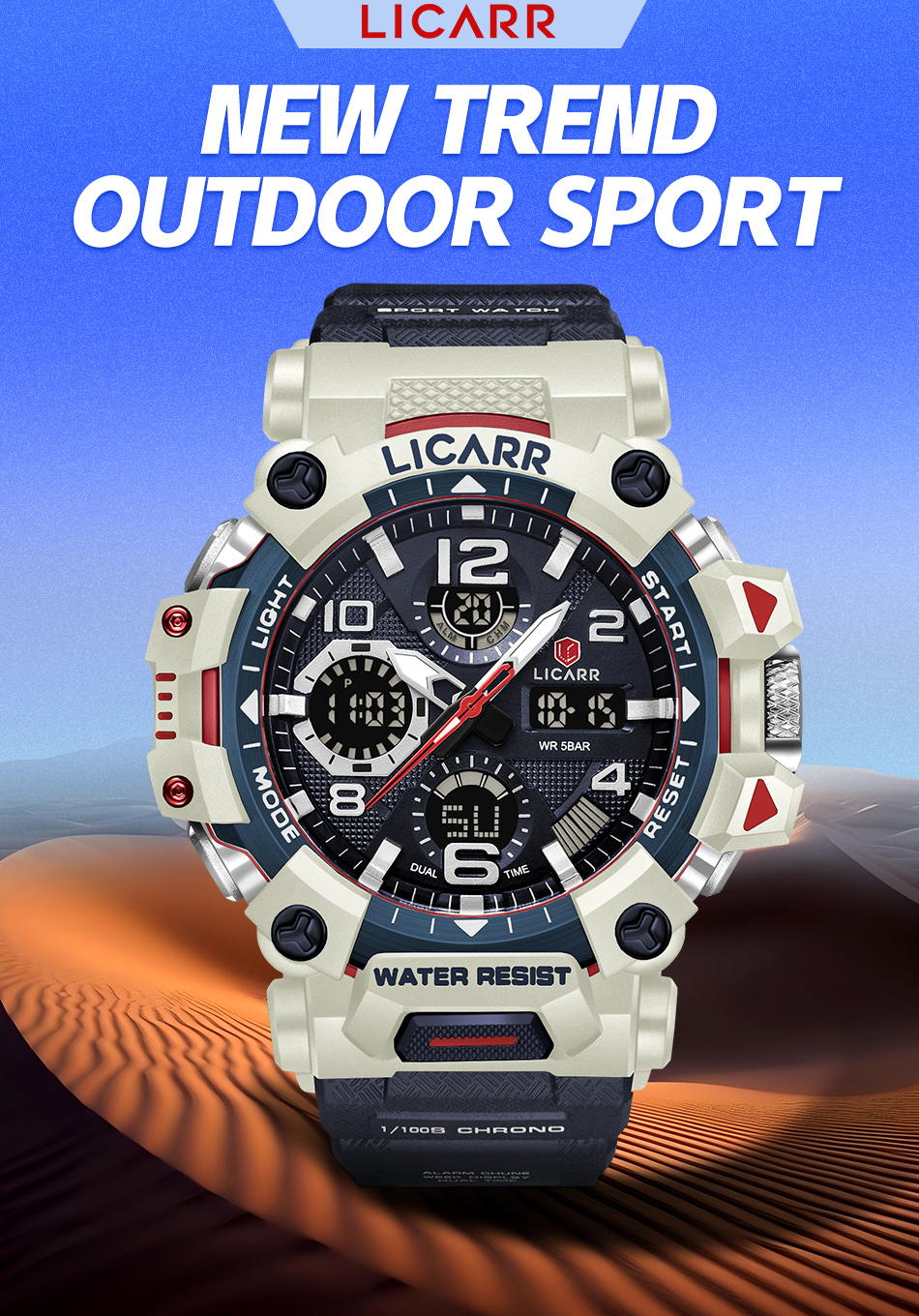 LICARR Top Brand Watch Original Dual Display Trend Waterproof Sport Men ...