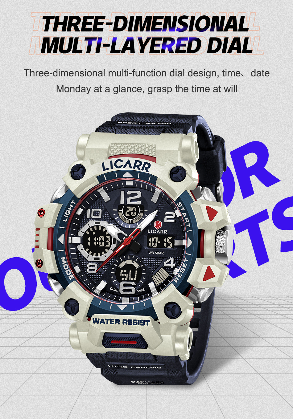 LICARR Top Brand Watch Original Dual Display Trend Waterproof Sport Men ...