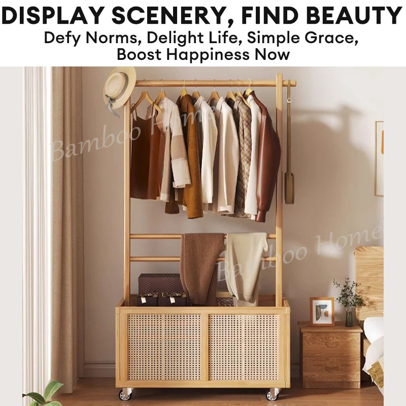 Clothes Drying Rack Rak Baju With Hook Hanger Storage Coat Rack Bamboo ...