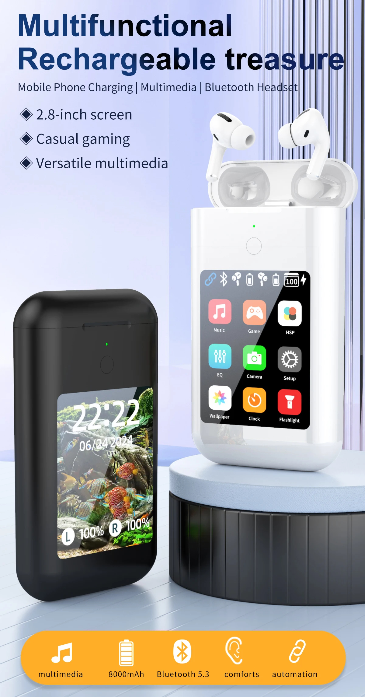 New A98 BOX TWS 2.8 inch HD Touch Screen 8000mah power bank Earphones ...