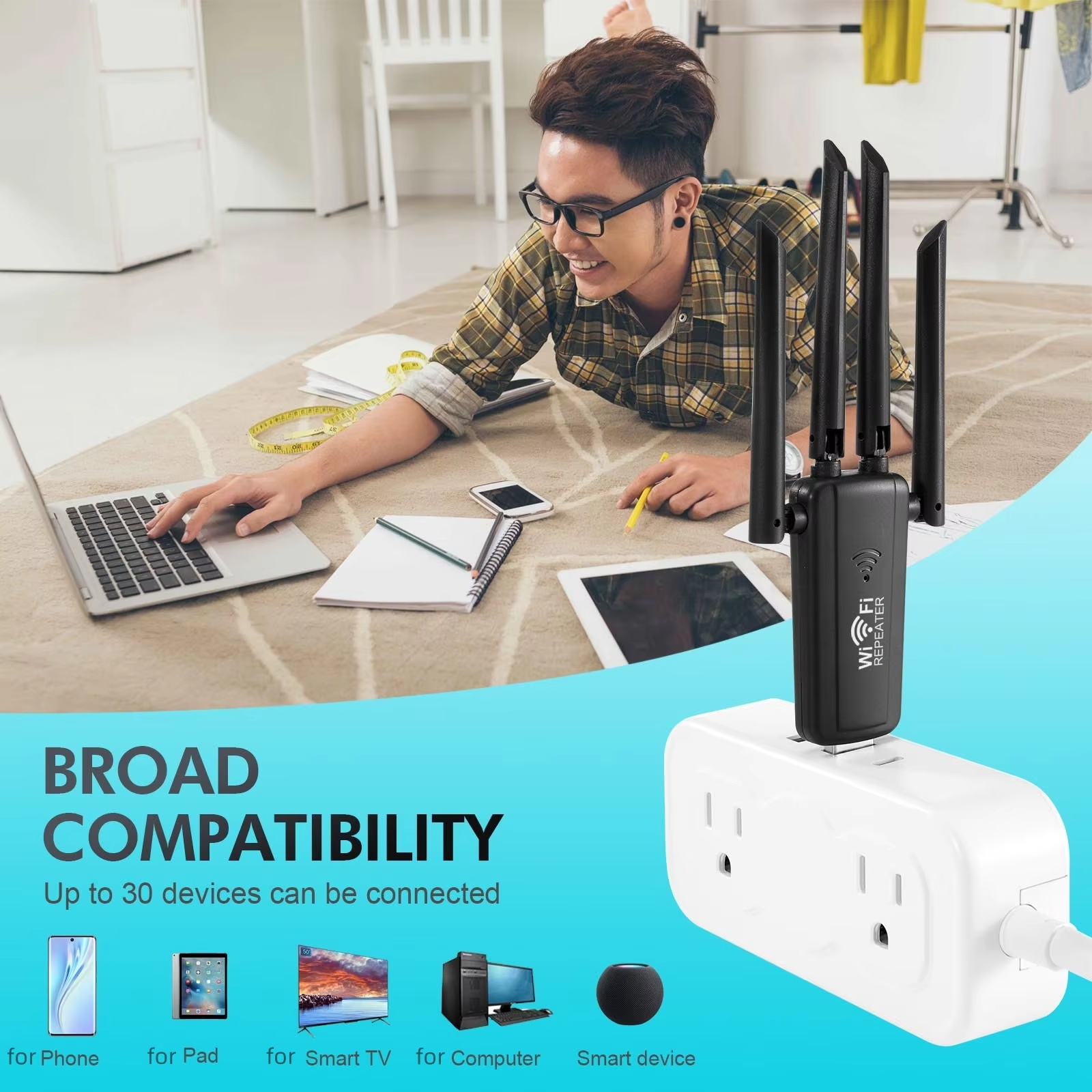 2.4G 300Mbps Wireless USB WiFi Repeater 4 Antenna Wifi Long Range Extender Wi-Fi Signal ...