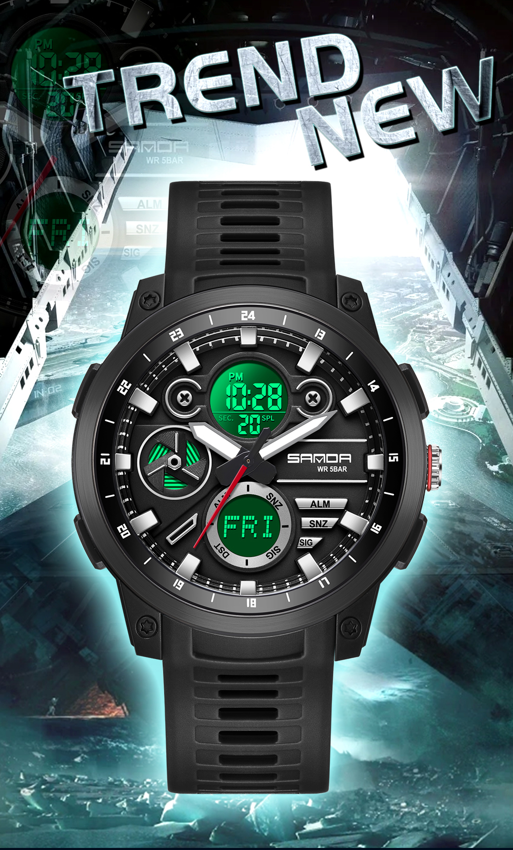 SANDA Brand 3379 New Men's Electronic Watch Dual Screen Sports Multi ...
