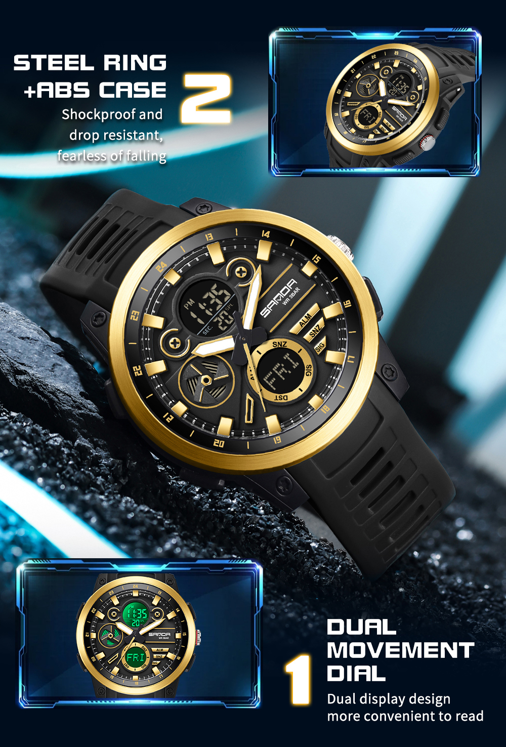 SANDA Brand 3379 New Men's Electronic Watch Dual Screen Sports Multi ...