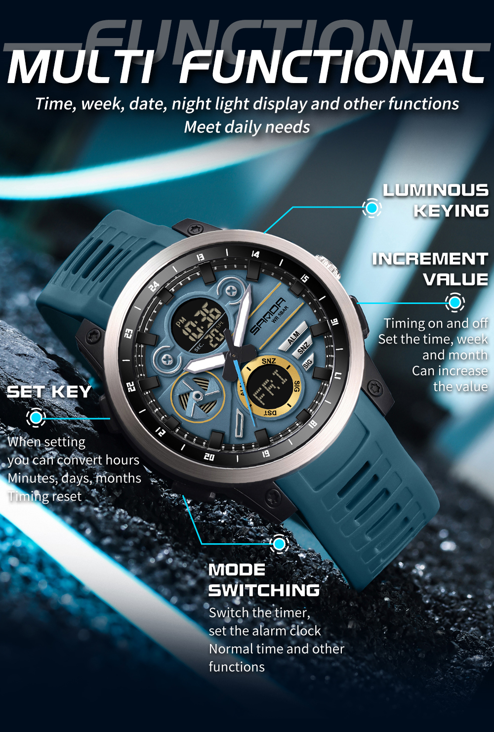SANDA Brand 3379 New Men's Electronic Watch Dual Screen Sports Multi ...