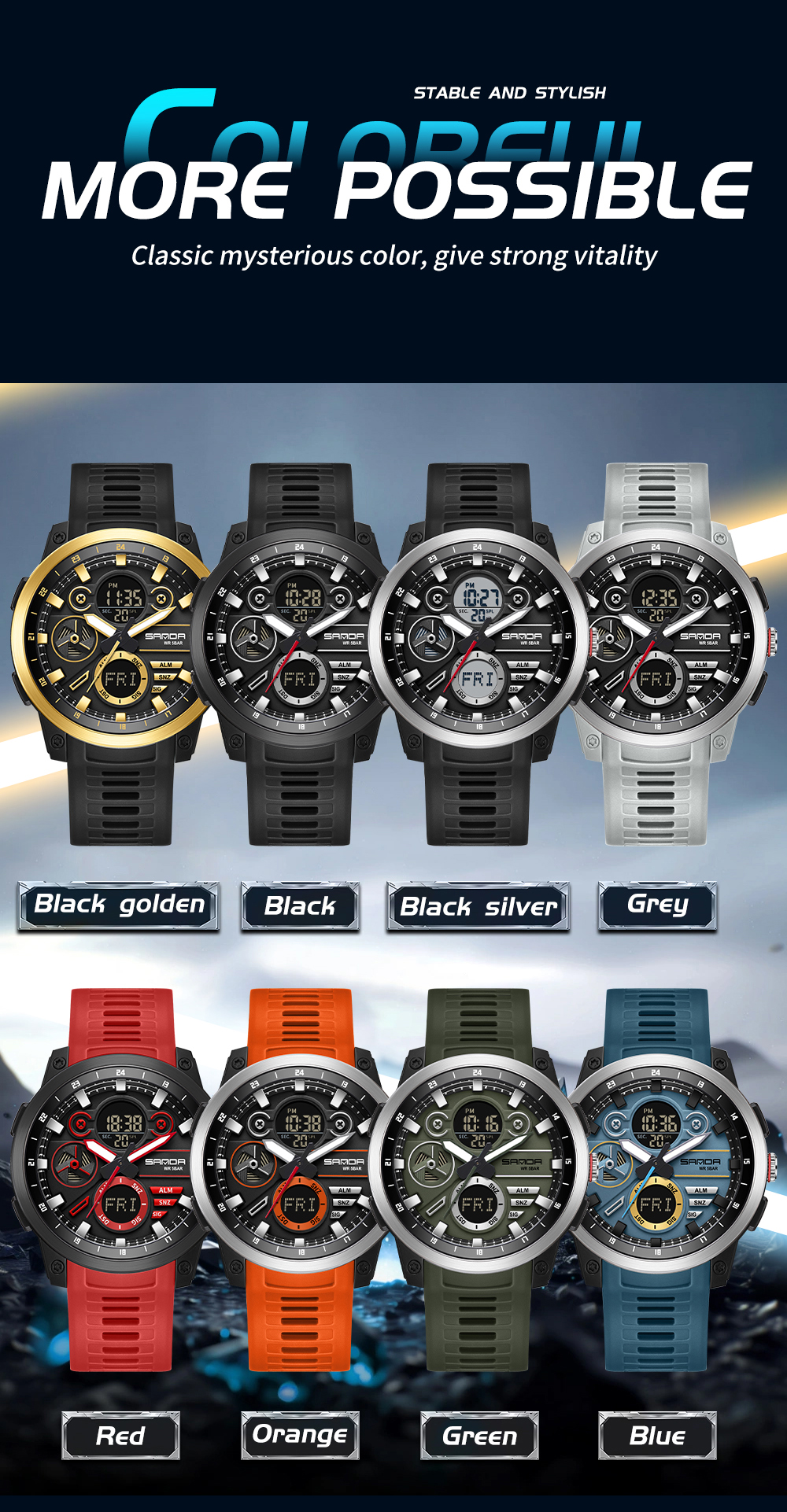 SANDA Brand 3379 New Men's Electronic Watch Dual Screen Sports Multi ...
