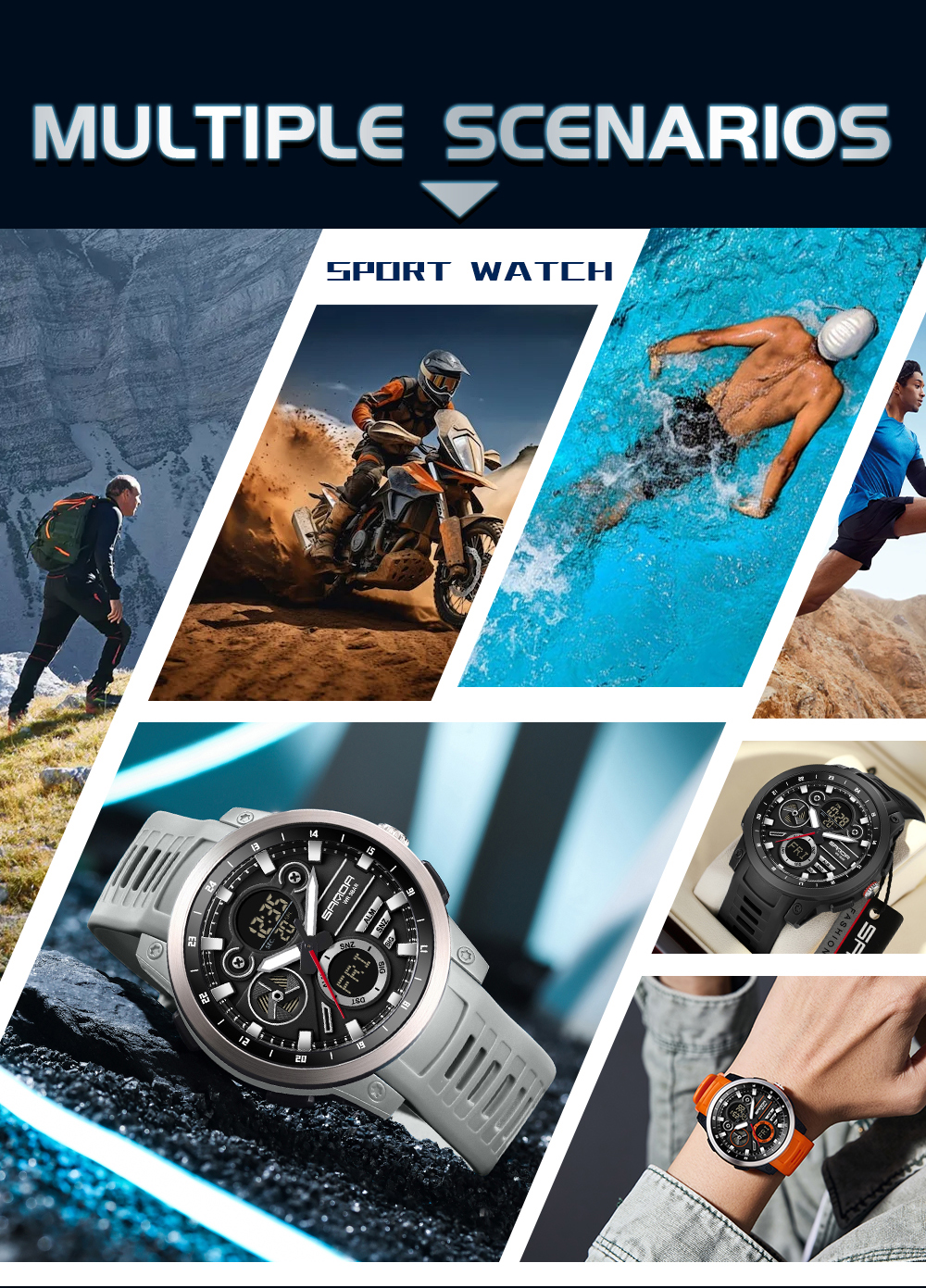 SANDA Brand 3379 New Men's Electronic Watch Dual Screen Sports Multi ...