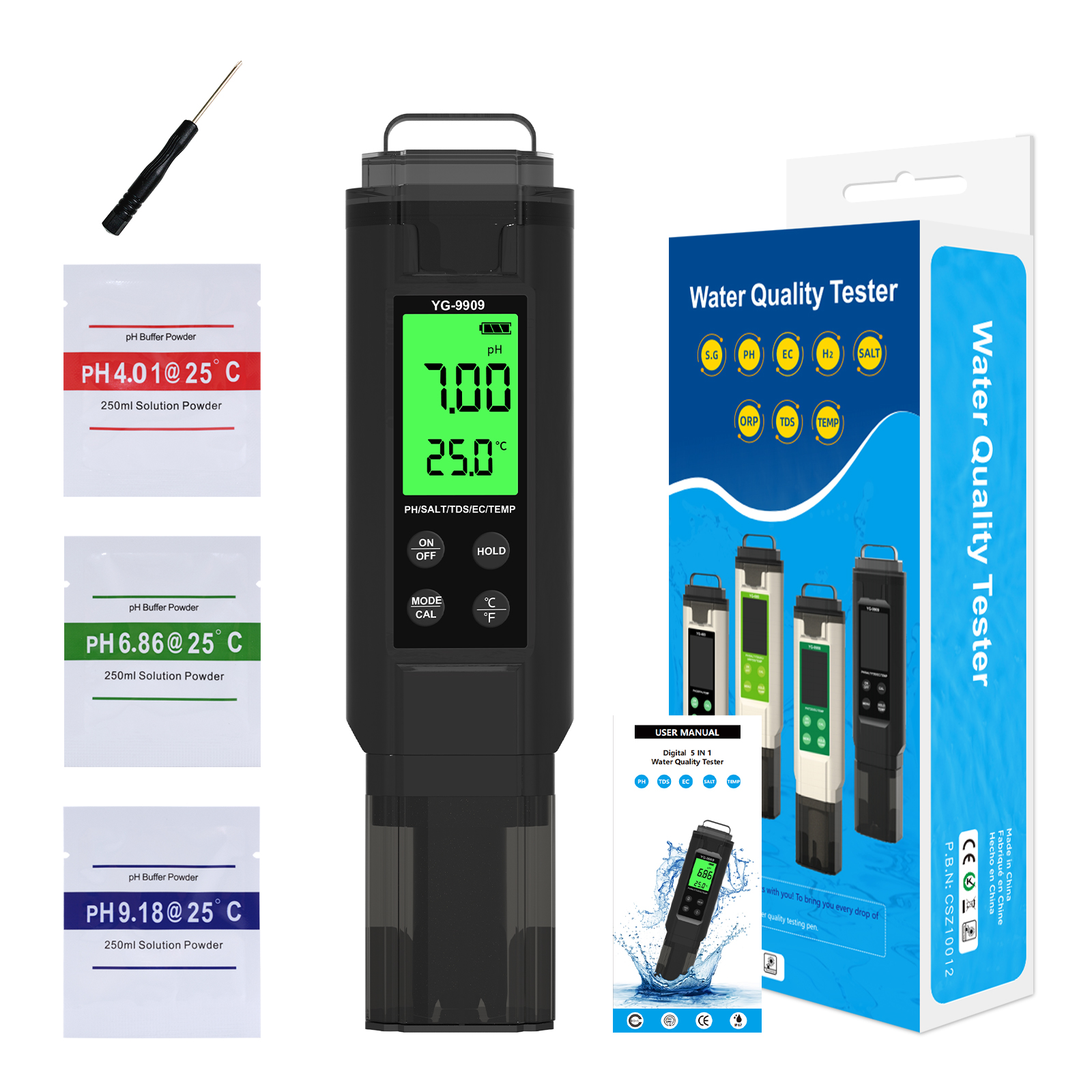 YIERYI Portable water quality detector 5-in-1 fish tank pH meter TDS ...