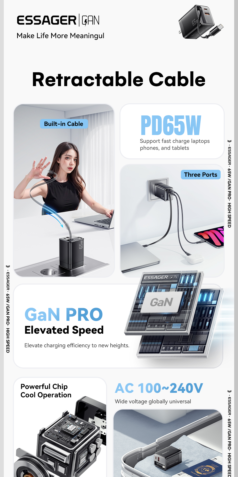 Essager 65W GaN Supert Charging Charger 3-in-1 With Built-in ...