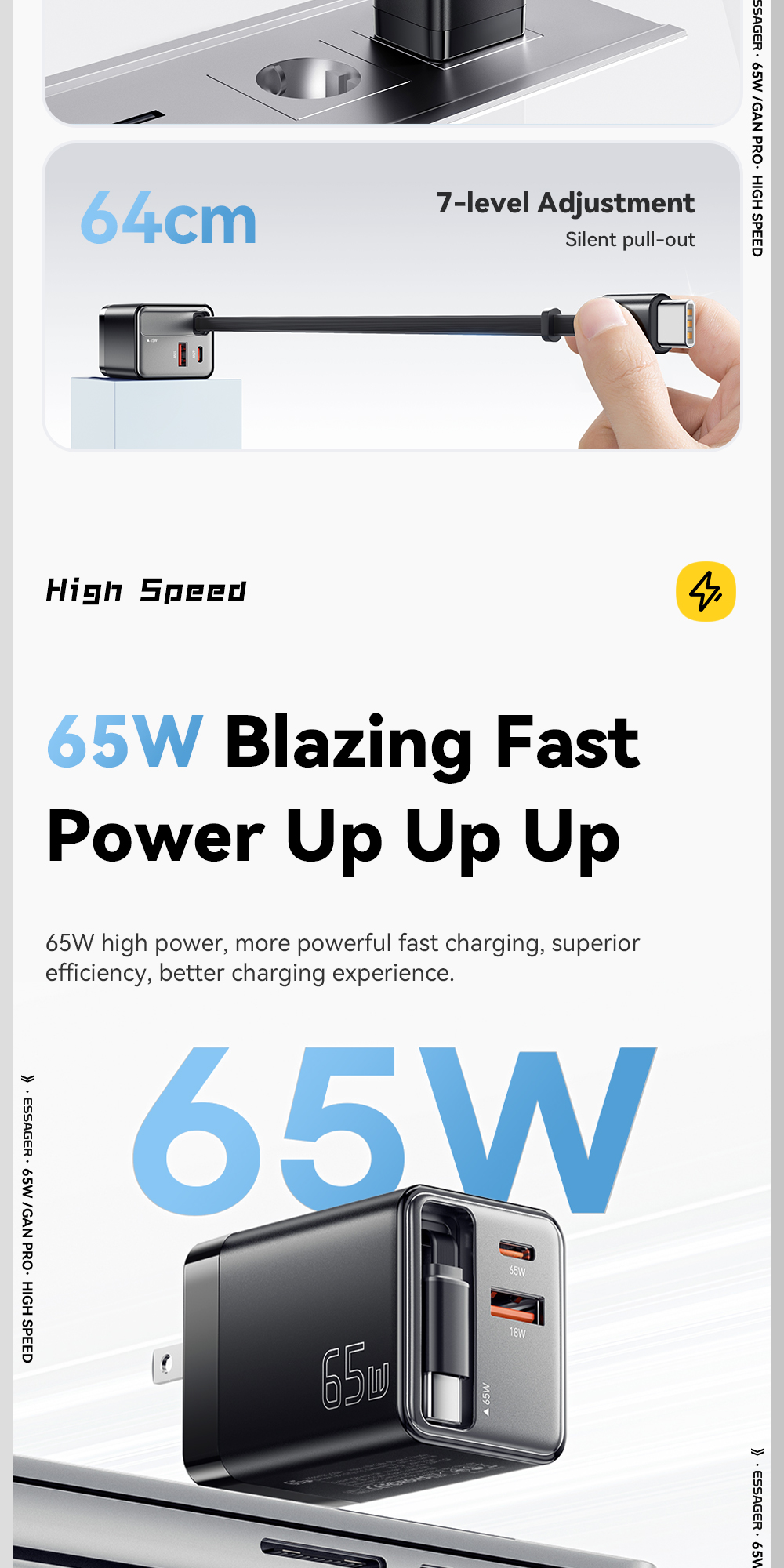 Essager 65W GaN Supert Charging Charger 3-in-1 With Built-in ...