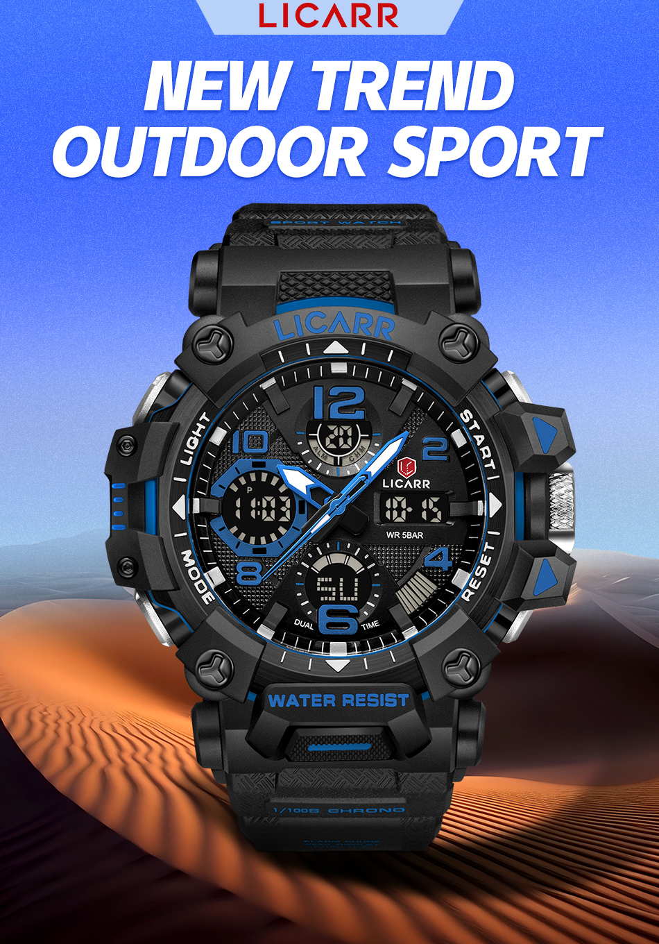 LICARR Top Brand Watch Dual Display Waterproof Sports Trend Casual Men ...