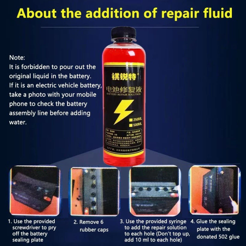 2Pcs 500ml Car Battery Repair Liquid Battery Acid Water Serbuk Bateri ...