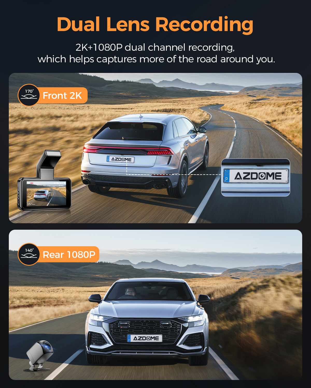 AZDOME M17 Pro 2K Dual Lens Dash Cam 3'' Screen Built-In Wi-Fi ADAS ...