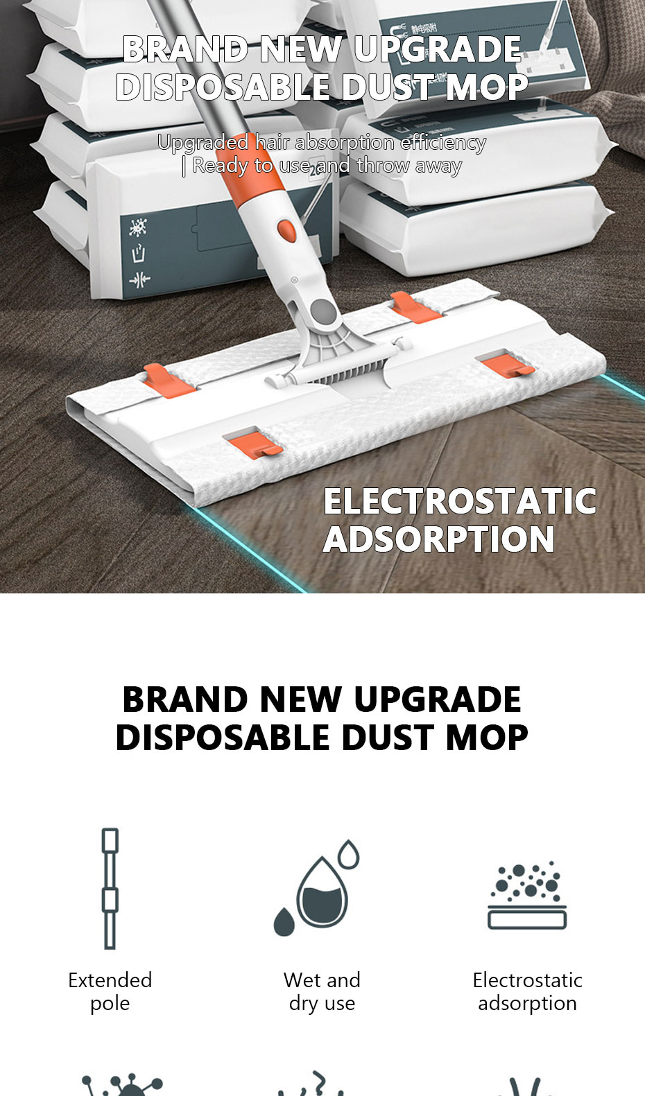 360° Rotating Electrostatic Dust Mop Disposable Wet Tissue Flat Mop Mop ...