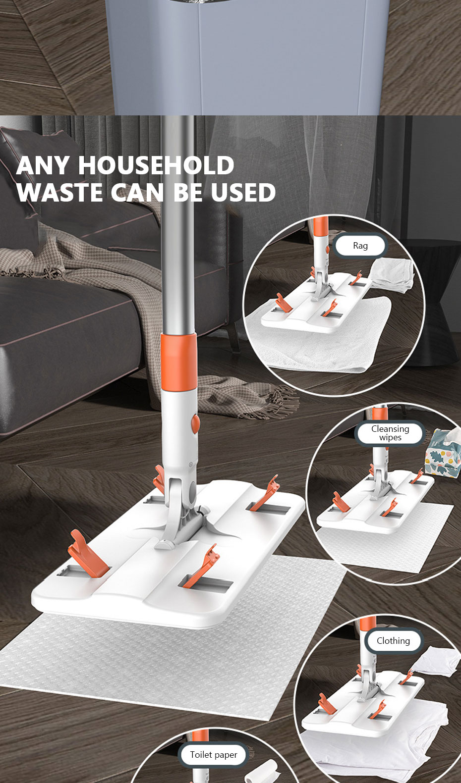 360° Rotating Electrostatic Dust Mop Disposable Wet Tissue Flat Mop Mop ...