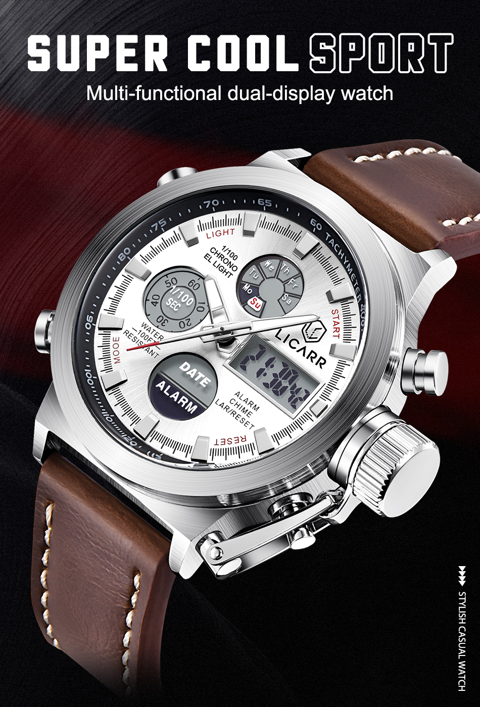 LICARR Top Brand Watch Dual Display Original Waterproof Casual Trend ...