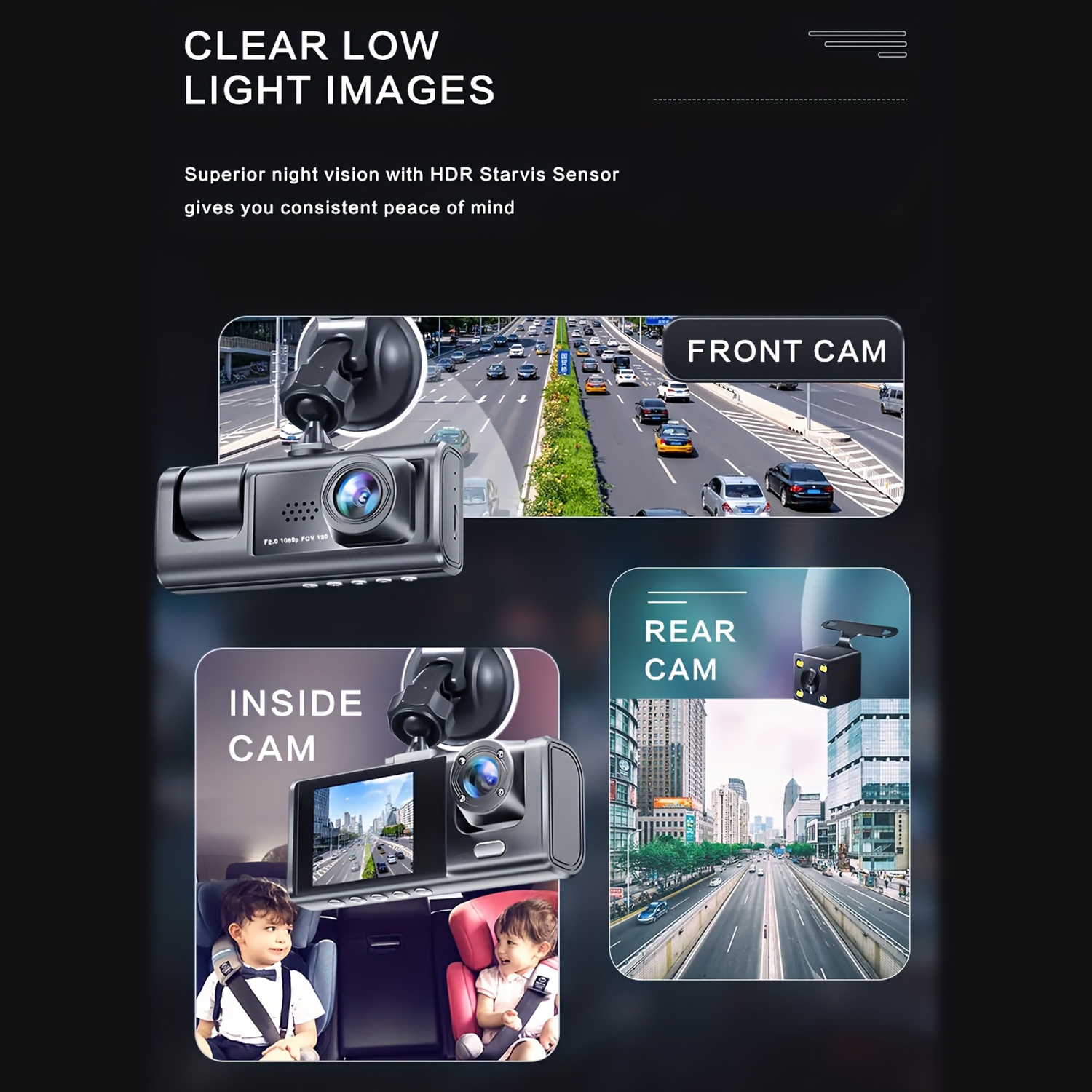 3 channels FHD 1080P Car Camera 3 Ways dash cam Asawin 2.0" Ips Screen ...