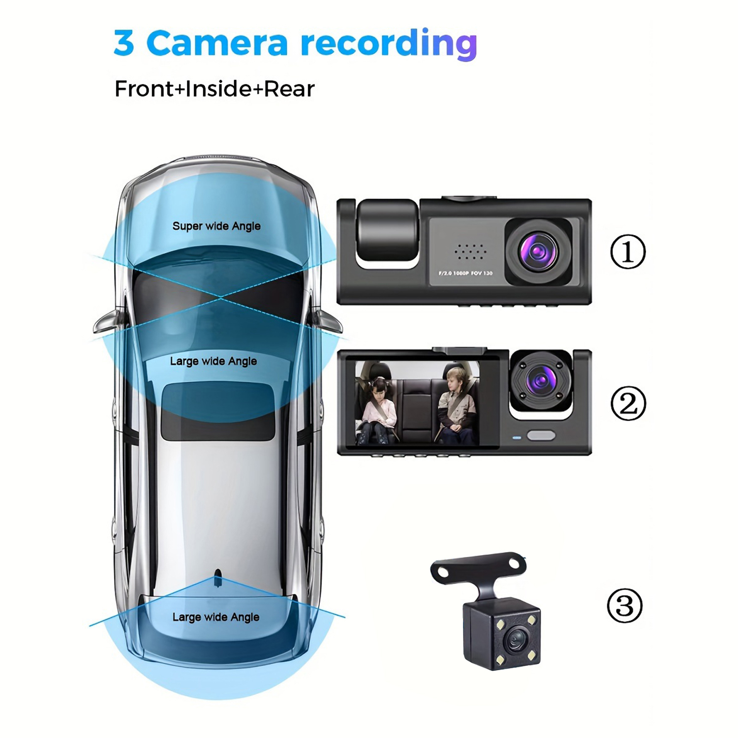 3 channels FHD 1080P Car Camera 3 Ways dash cam Asawin 2.0" Ips Screen ...