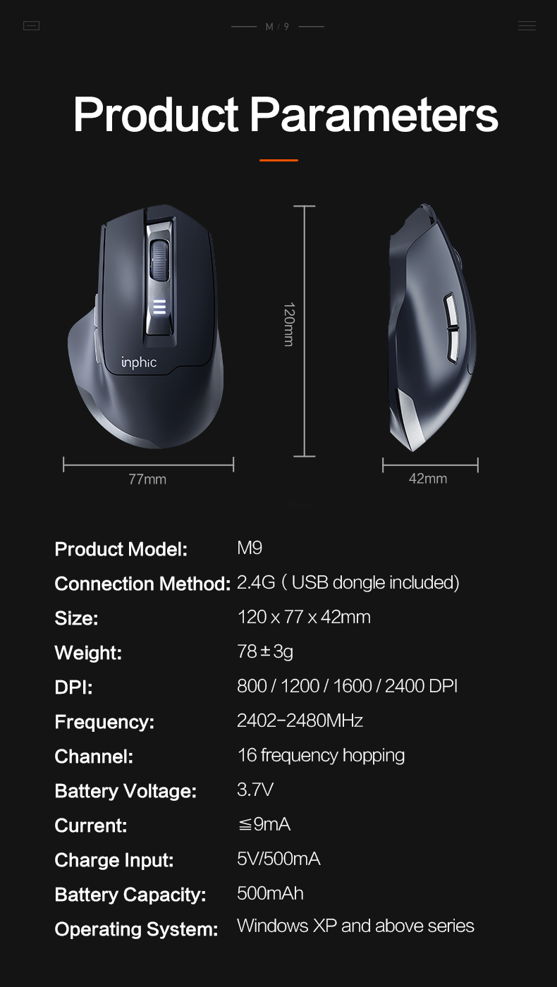 Inphic M9 2.4G Wireless Mouse Rechargeable Ergonomic Silent Mouse ...