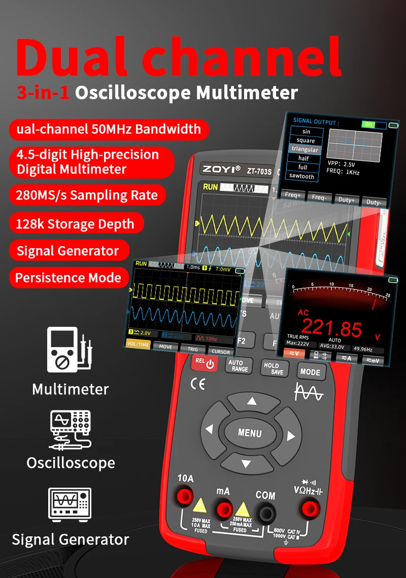 ZT703S Dual-Channel Oscilloscope Multifunction Multimeter Signal Generator 50MHz Bandwidth 3-in ...