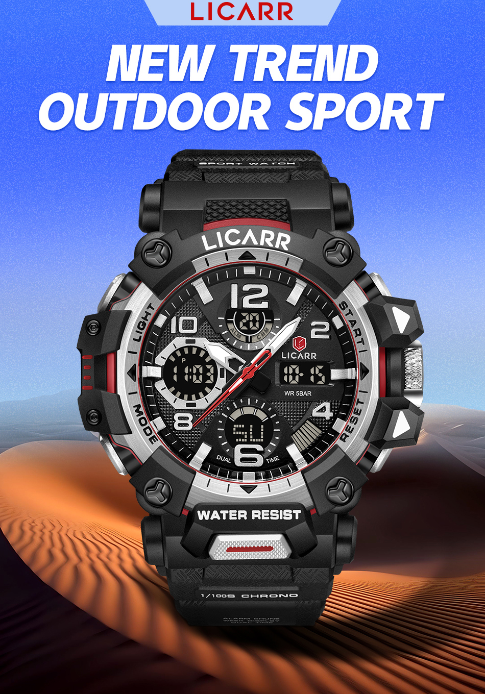 LICARR Waterproof Sports Original Trend Military Men's Watch Alarm ...