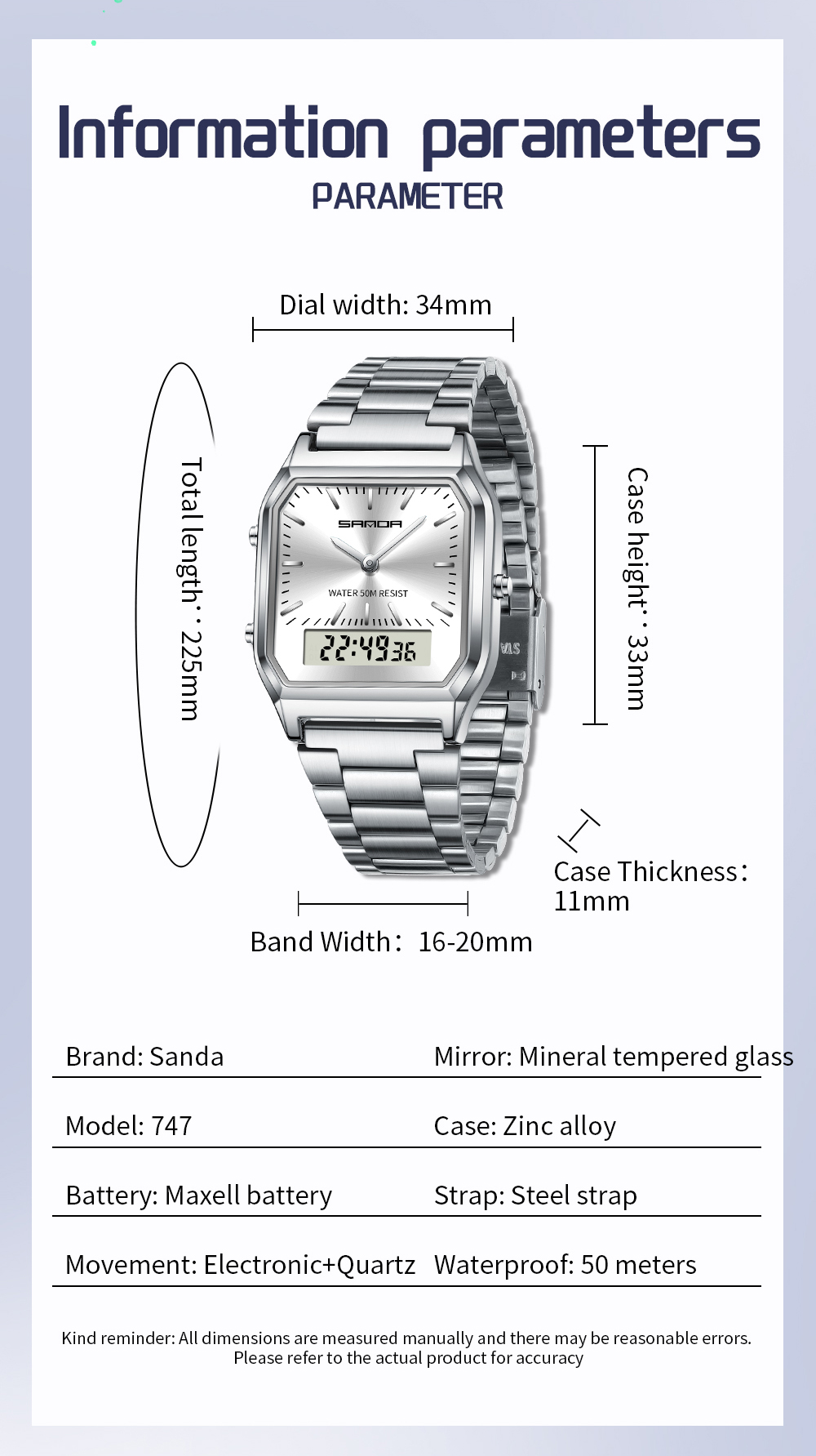 SANDA Fashion Women's G-Type Watch Stainless Steel Strap LED Digital ...