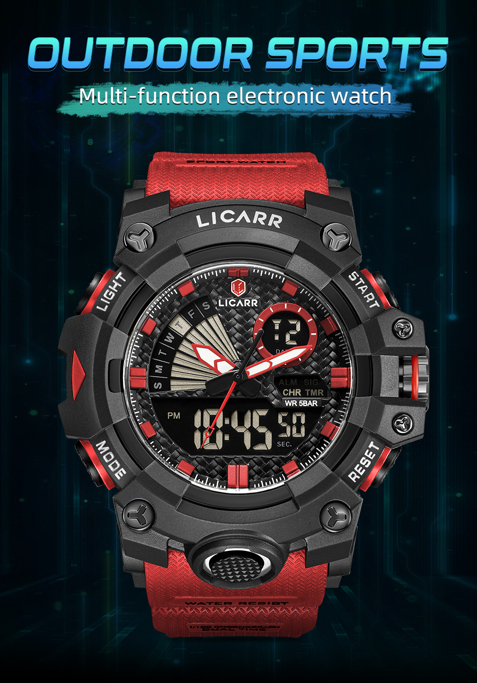 LICARR Top Brand Watch Dual Display Original Waterproof Casual Sports ...