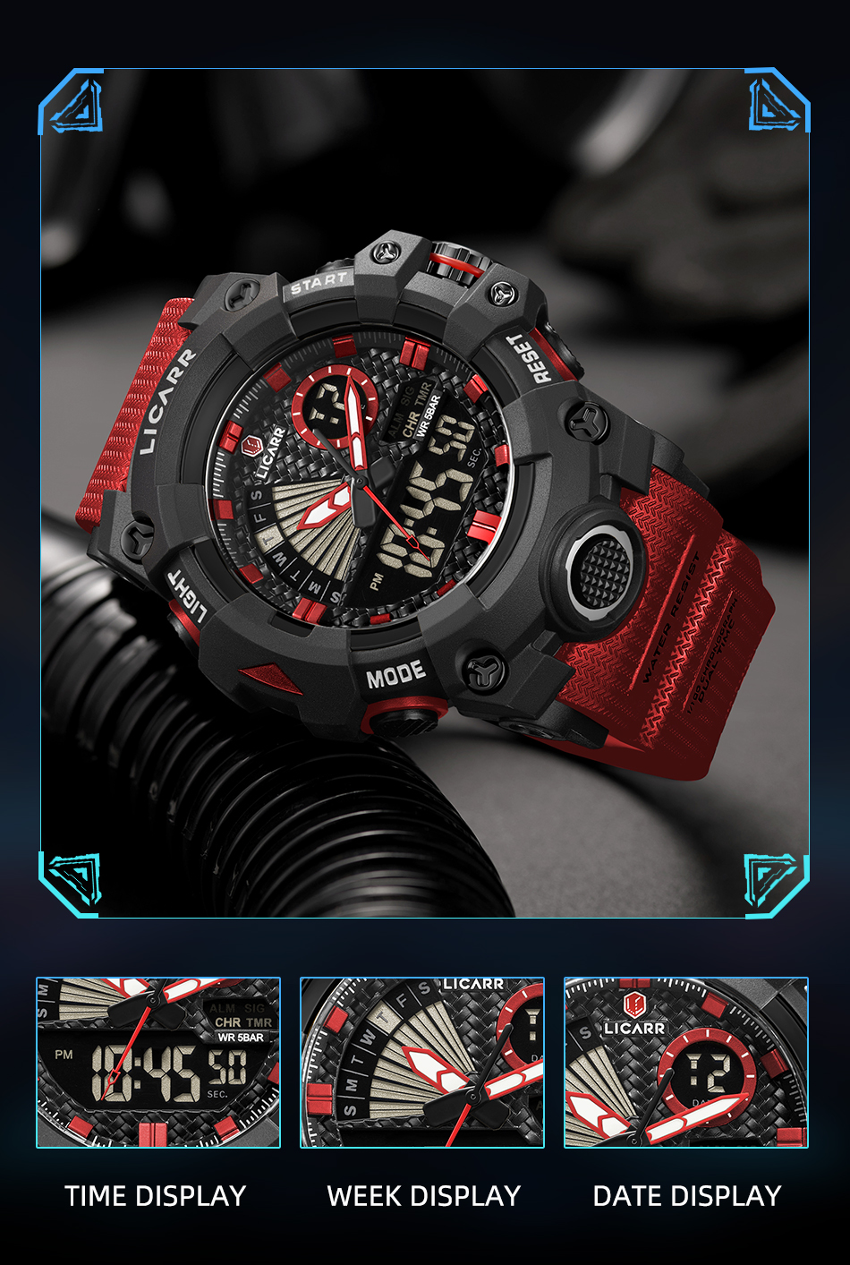 LICARR Top Brand Watch Dual Display Original Waterproof Casual Sports ...