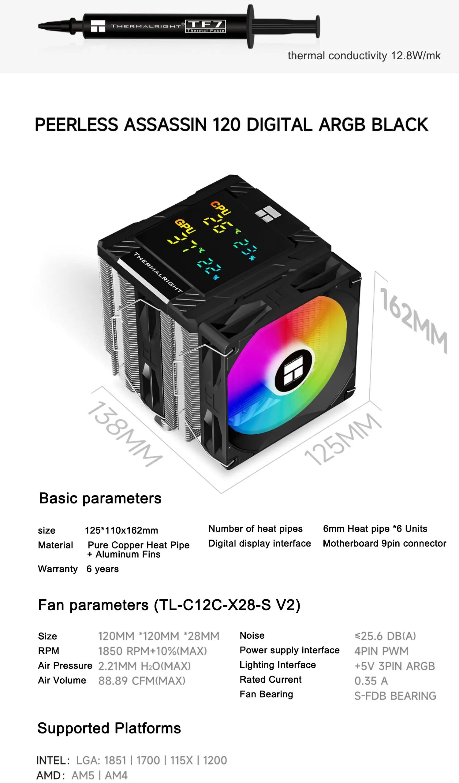 Thermalright PA120 Digital LCD display CPU Air Cooling Radiator 6 heat ...