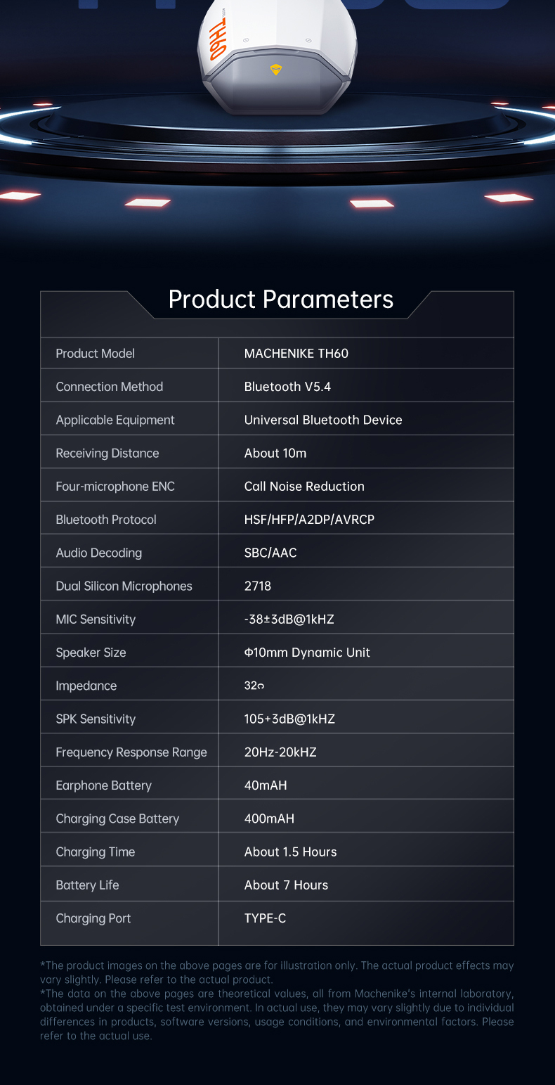 Machenike TH60 Bluetooth 5.4 Wireless Earphones TWS In-Ear Earbuds 4-Microphones ENC Call Noise ...