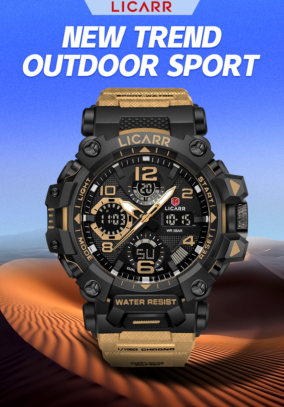 LICARR Men's Brand Watch Dual Display Waterproof Sports Trend Casual ...