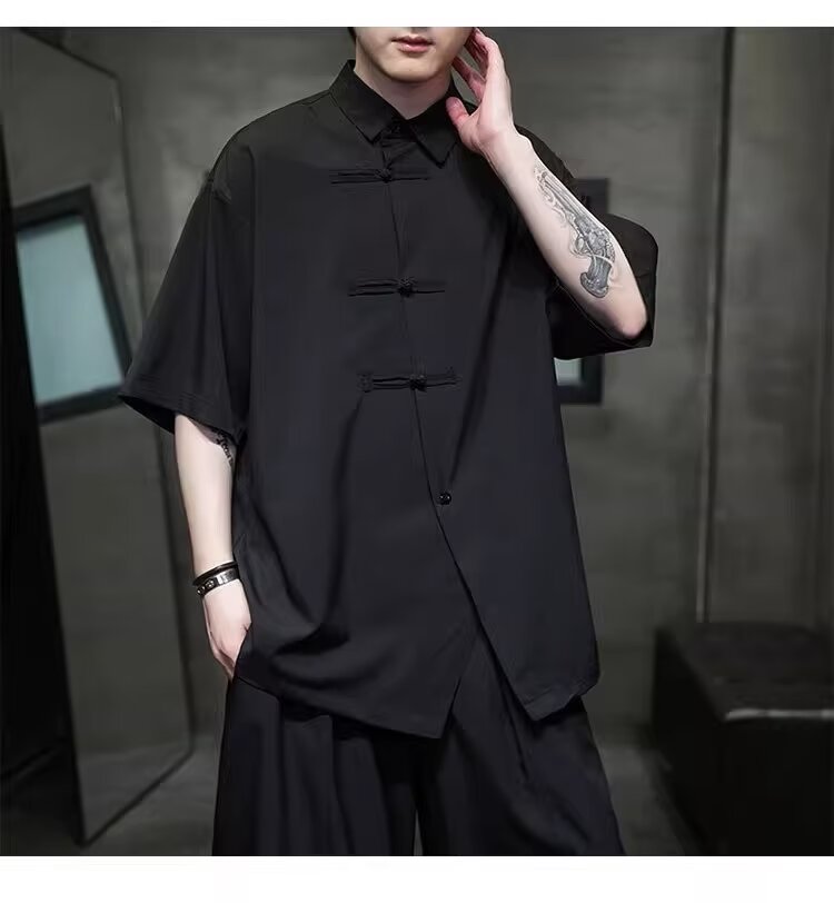 Summer ice silk buckle Hanfu men's short sleeved shirt Chinese style ...