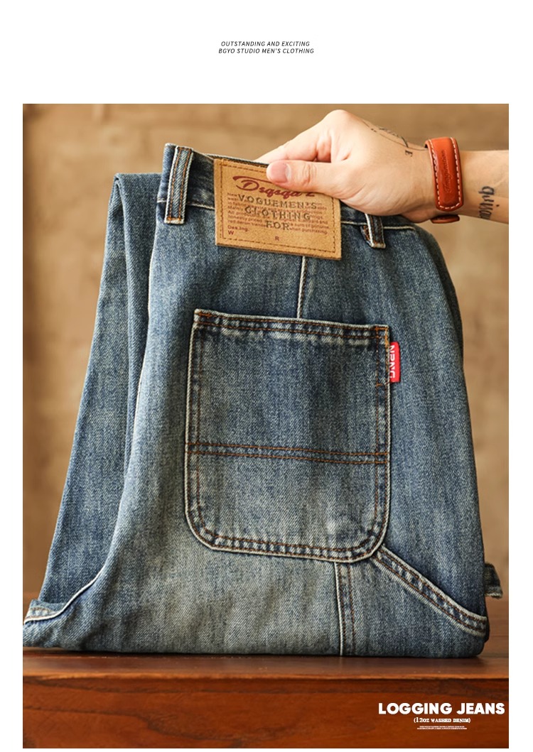 American Retro Double Knee Logging Jeans Men's Light Overalls B01 ...